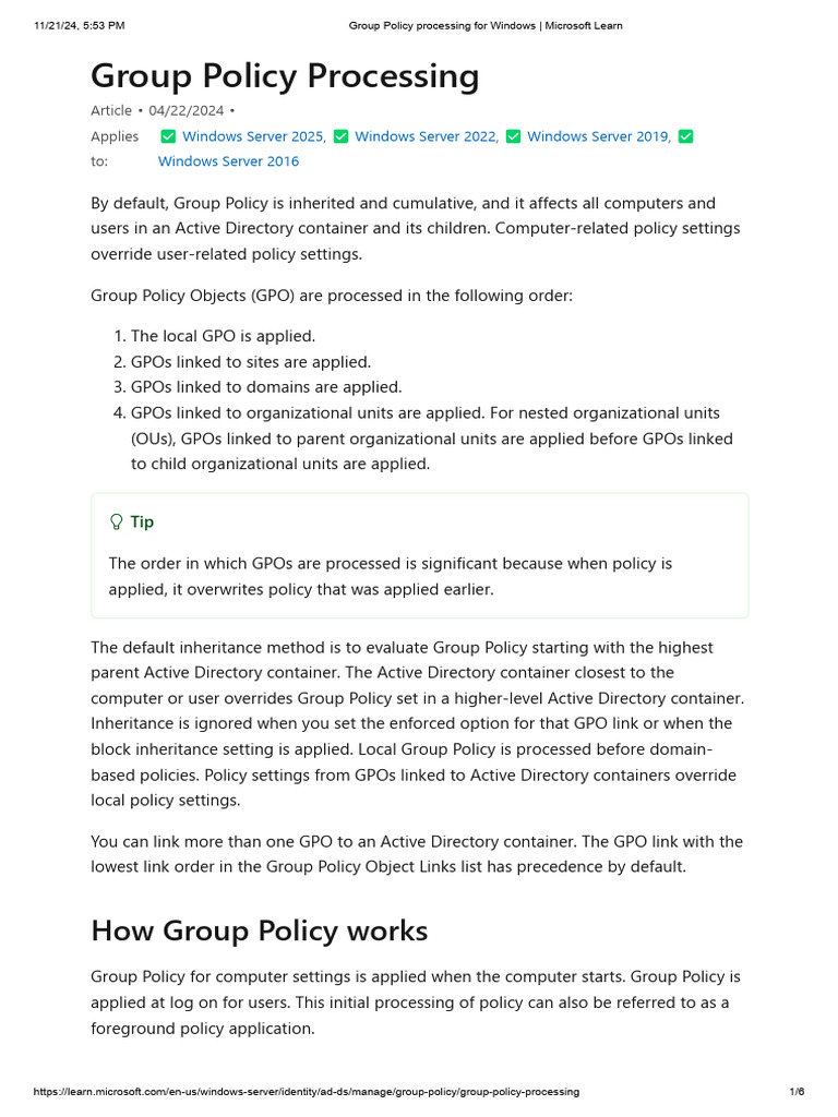 Group Policy Processing For Windows - Microsoft Learn | PDF | Group Policy | Active Directory