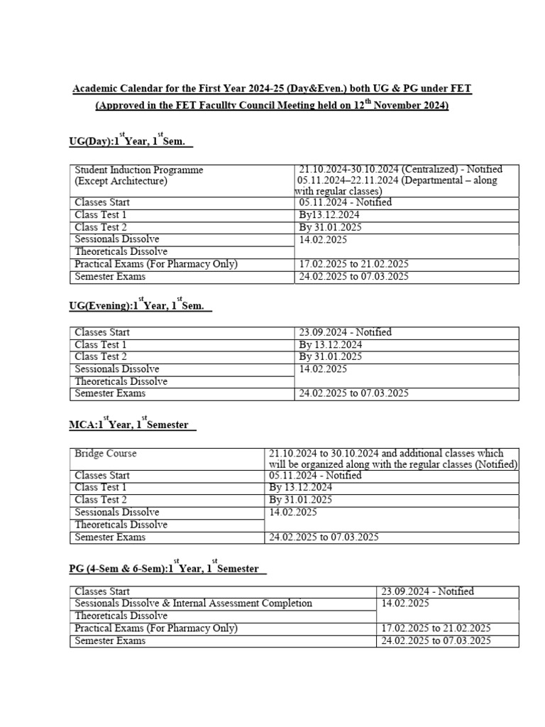 Academic Calender 1st Year UG PG FET 2024 2025 Final | PDF | Academic ...