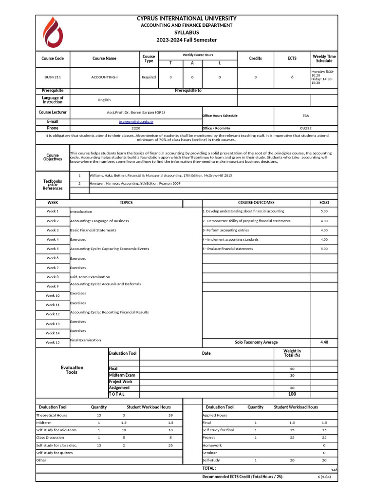 BUSN211 2023-2024 Fall Semester Syllabus | PDF