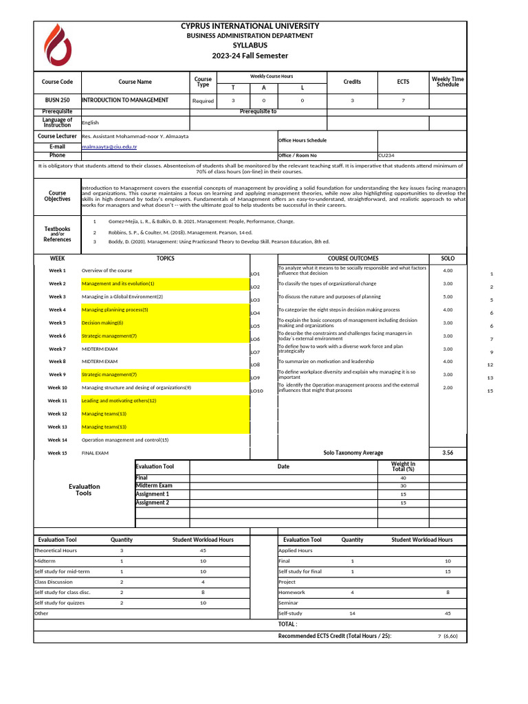 Introduction to Management Syllabus 2023-24 | PDF | Strategic ...
