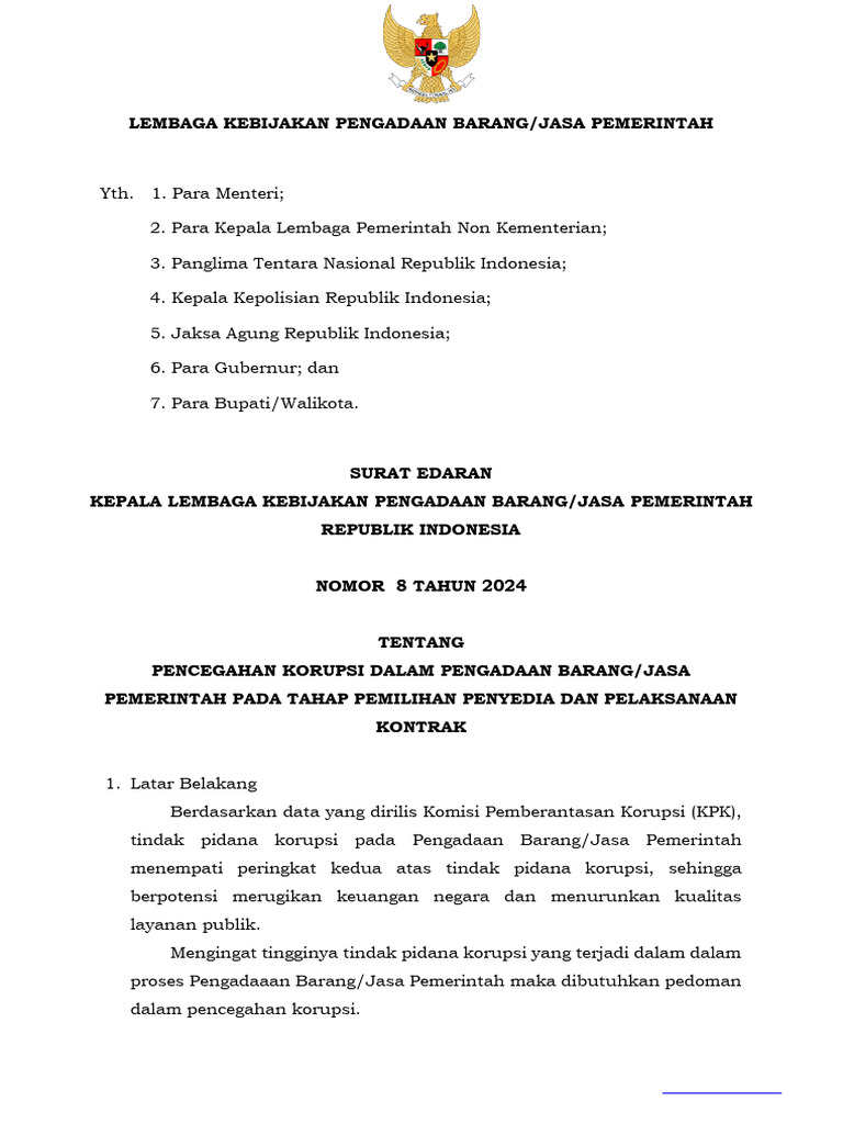 Surat Edaran Kepala LKPP Nomor 8 Tahun 2024_2579_1 | PDF