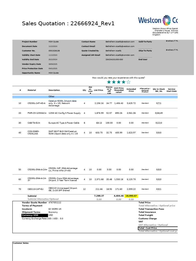 1PG - Group - Westcon - Comstor - Brothers IT PLC - Quote#22666924 ...
