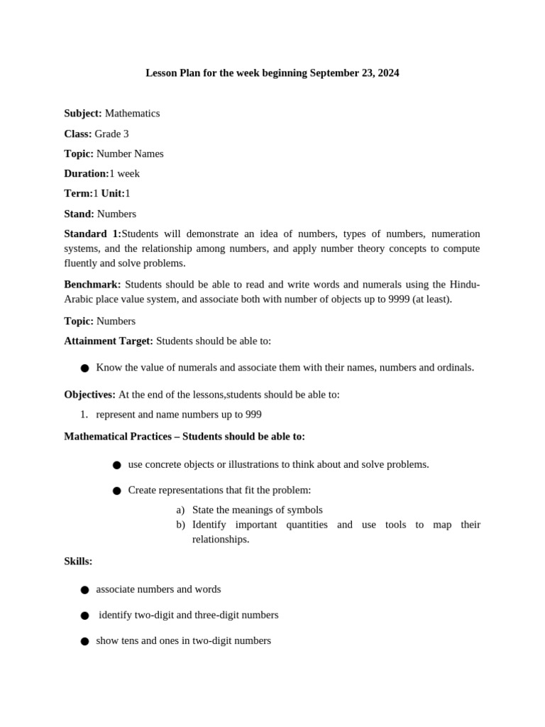 Grade 3 Mathematics Lesson Plan Week 1 - Numbers | PDF | Mathematics ...