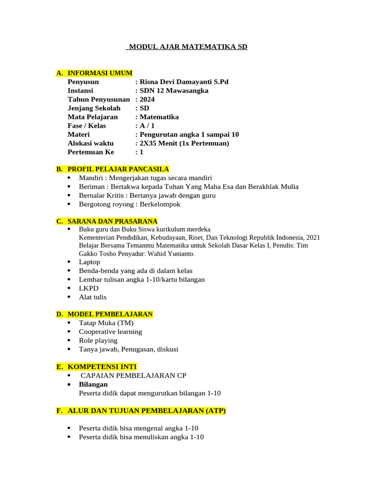 MODUL AJAR MATEMATIKA Mengurutkan Bilangan UKIN | PDF