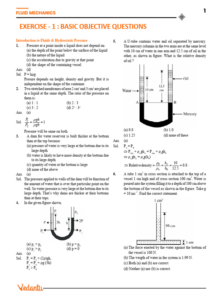 Fluids Mechanics Exercise-1 | PDF | Buoyancy | Pressure