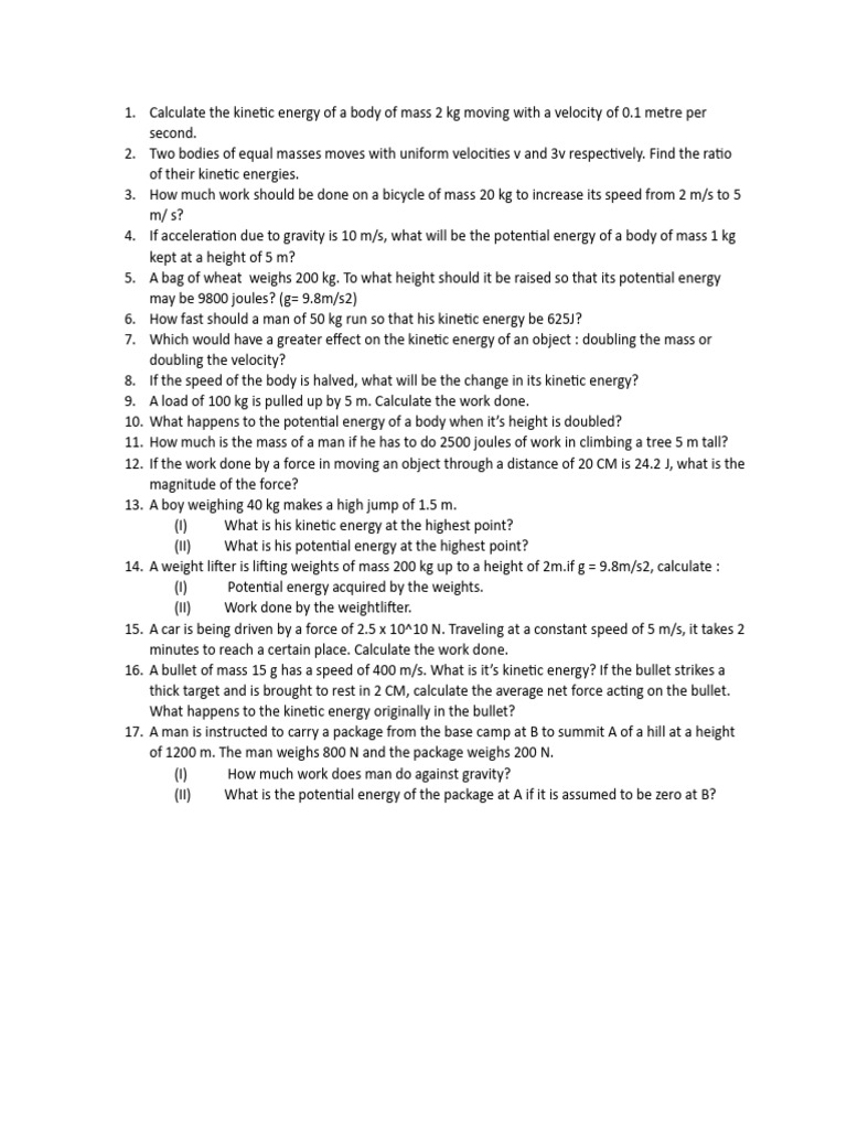 Worksheet On Kinetic Energy 0 Potential Energy | PDF