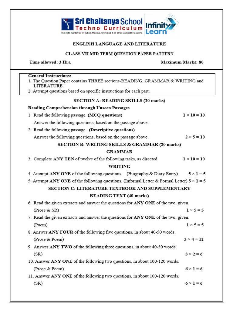 CBSE English Class 7 Mid Term Question Pper Pattern 2024 -2025 | PDF