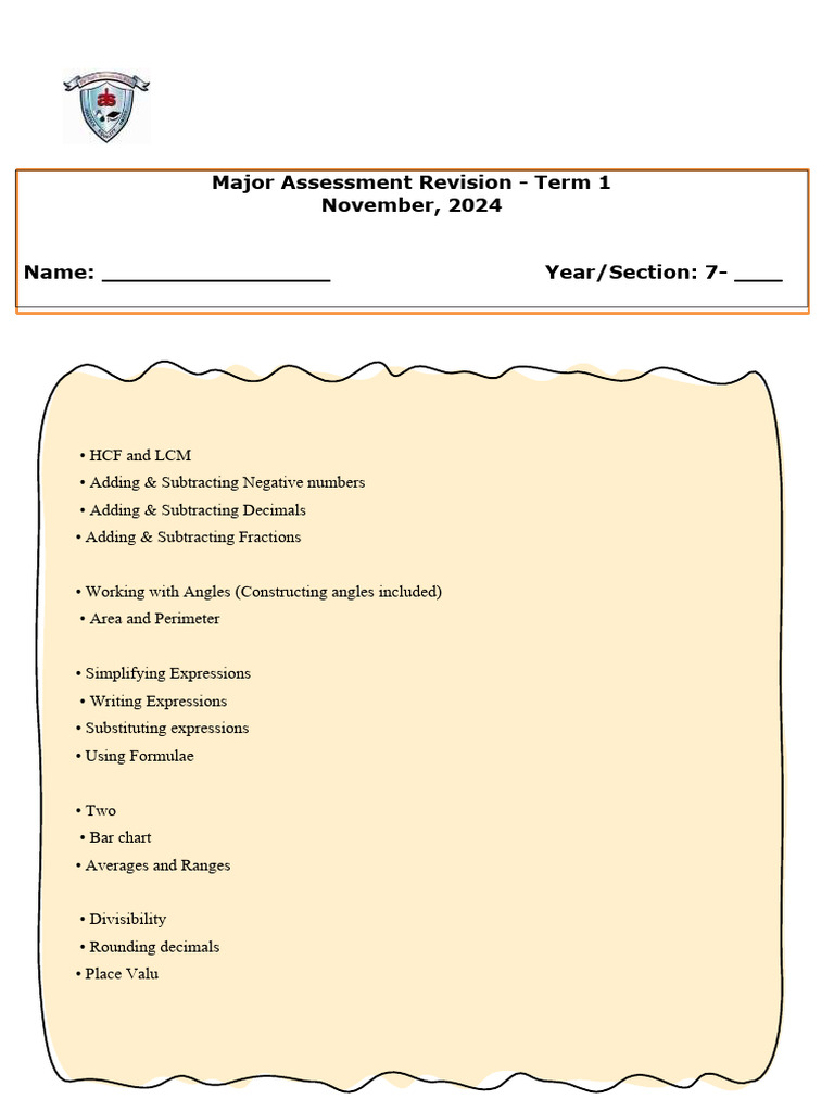 Year 7 - Math Revision Worksheet MA1 - 2024 (1) - 2 | PDF | Area | Numbers