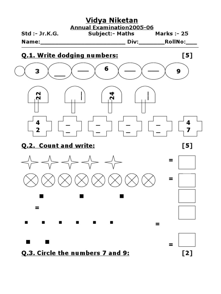 Jr KG Maths Exam Paper 2005-06 | PDF