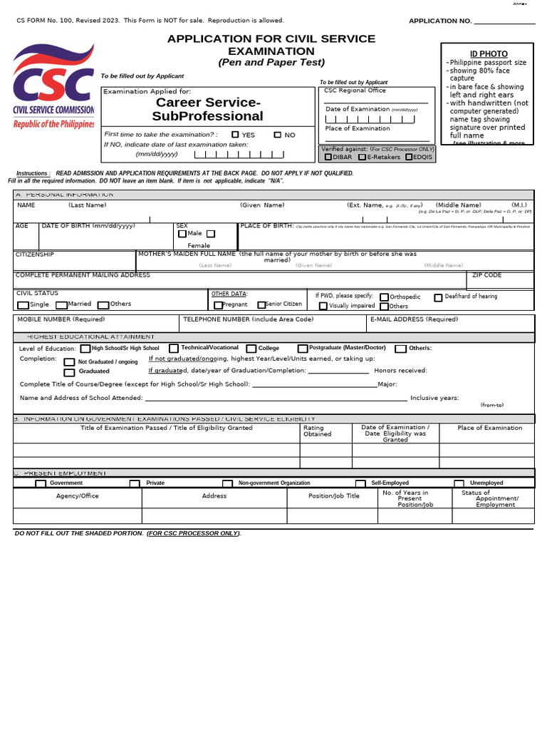 Annex A2 - CS Form 100 - Revised 2023 - CSESP - A1 - Edited - A1 | PDF ...
