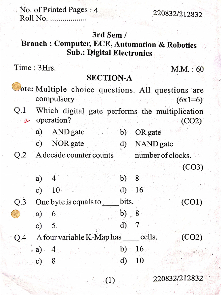 Digital Electronics Question Paper-1 | PDF