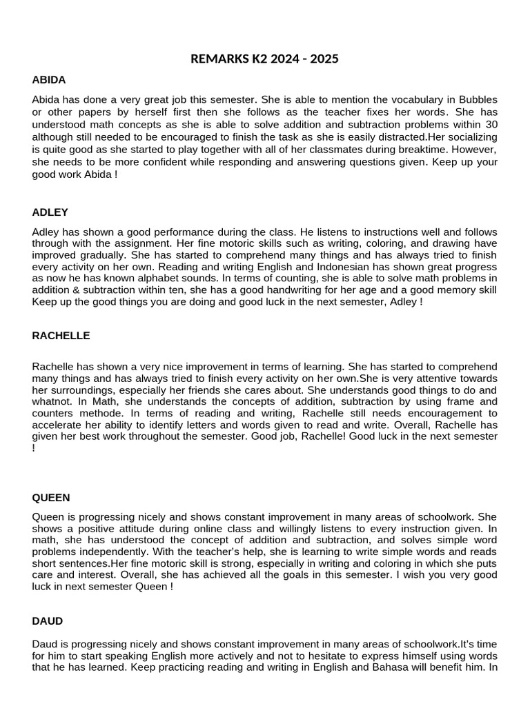 REMARKS K2 2024-2025 | PDF | Literacy | Behavior Modification