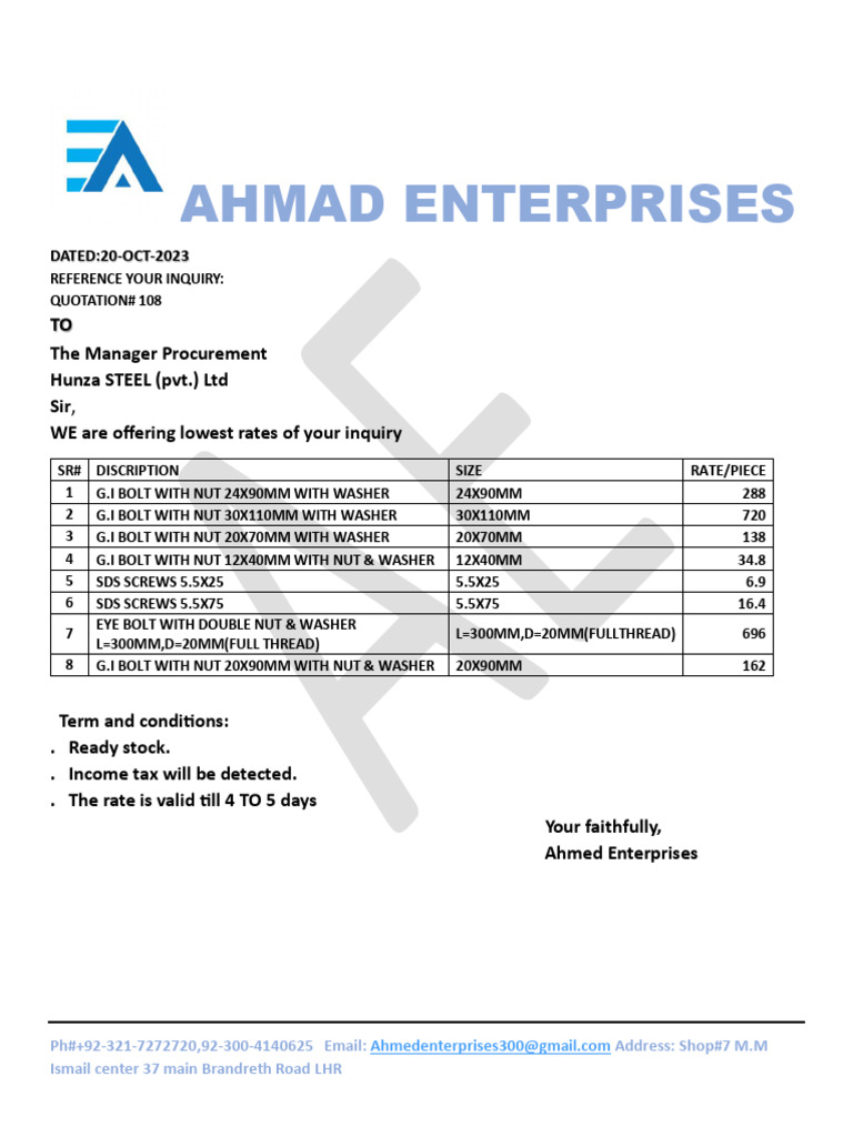 Quotation # 108 Hunza Steel | PDF