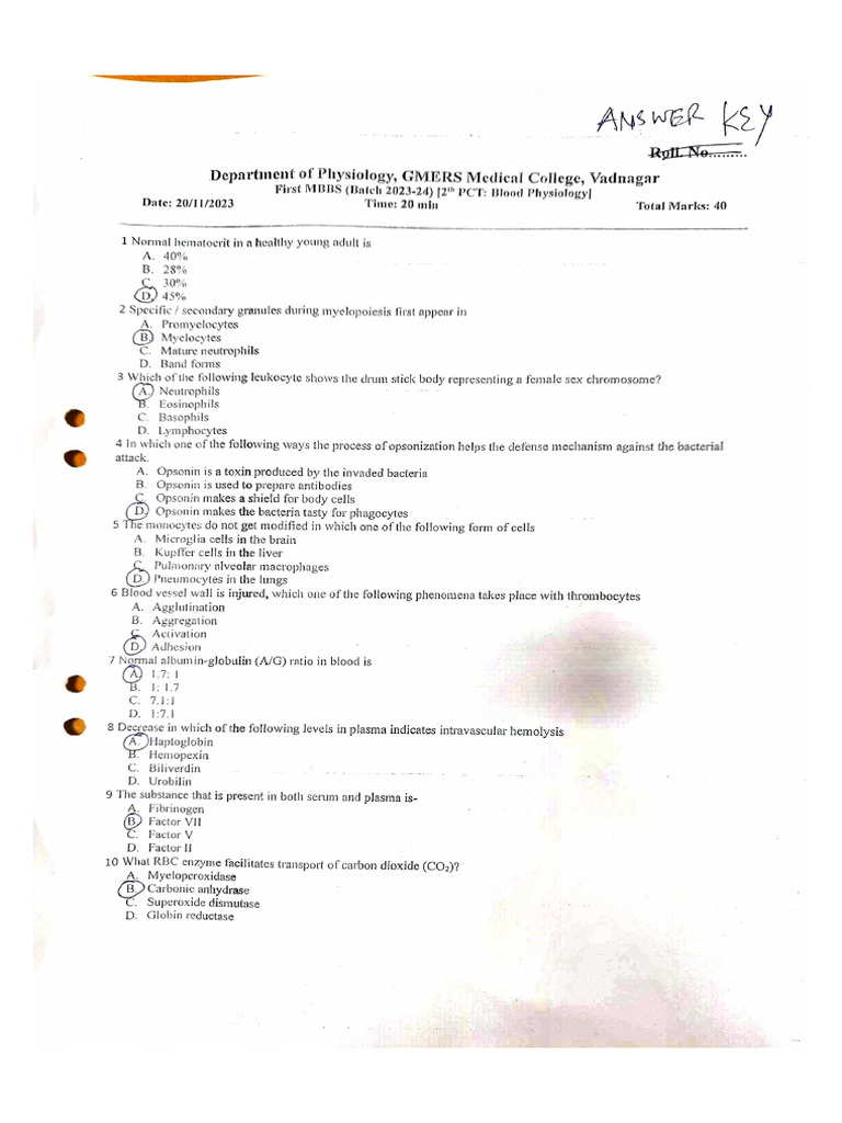 2nd PCT - Blood physiology | PDF