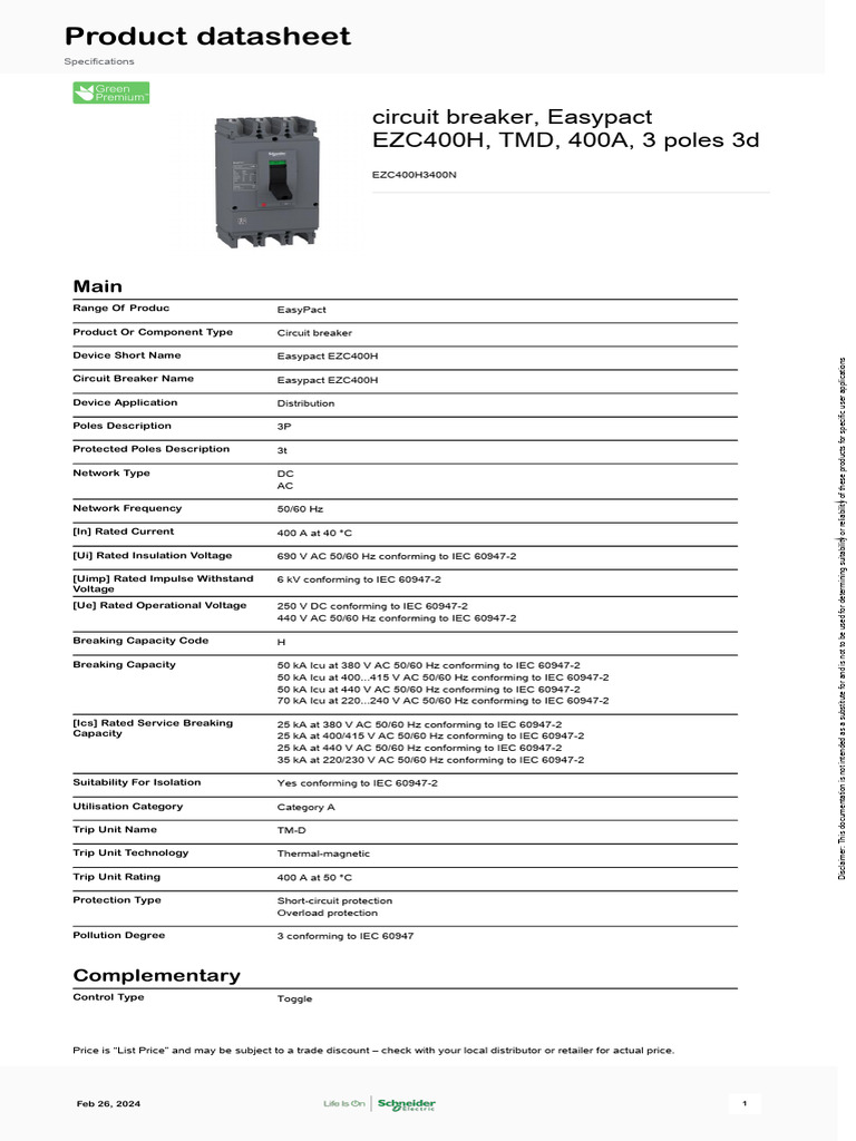 Schneider Electric EasyPact-EZC EZC400H3400N | PDF | Alternating Current | Electric Power ...
