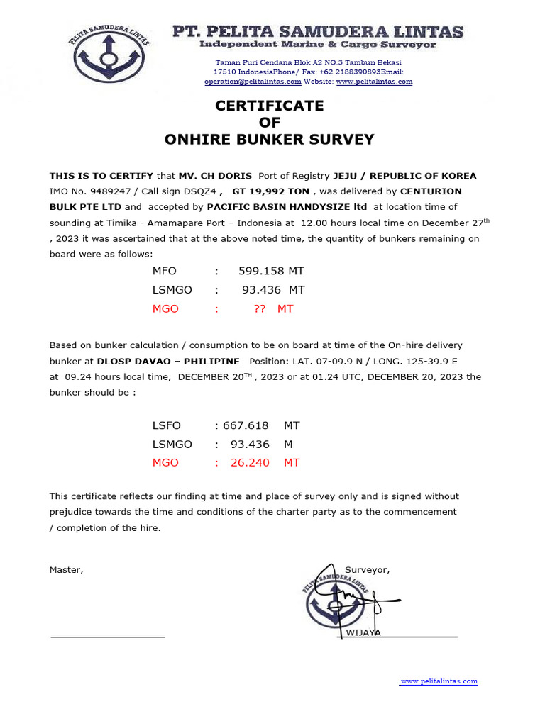 Onhire Bunker Survey Docs | PDF | Water Transport | Shipping