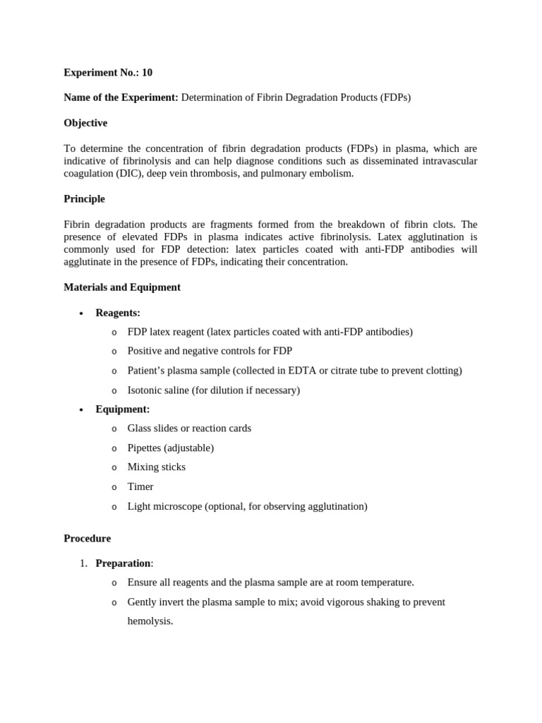 Determination of Fibrin Degradation Product (FDP) | PDF | Body Fluids | Tissue (Biology)