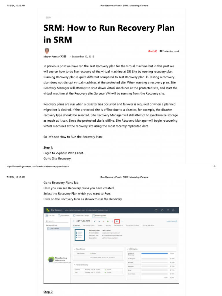 How To Run Recovery Plan in SRM | PDF