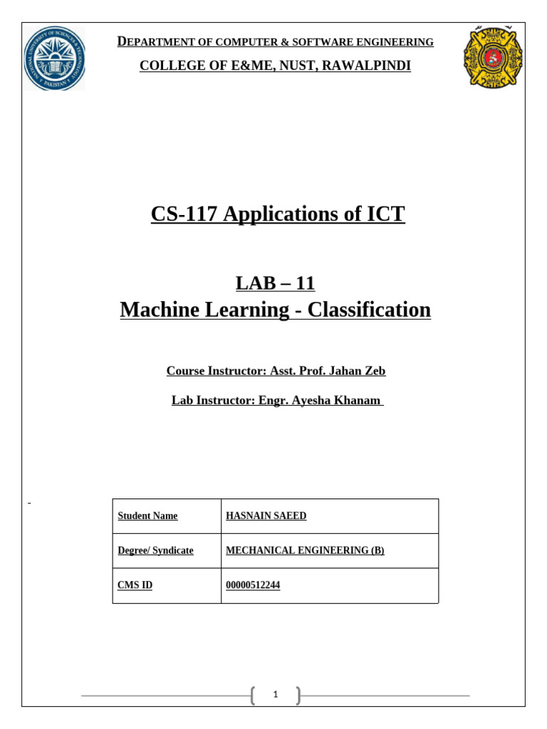 Hasnain Saeed Lab Task # 11 | PDF | Statistical Classification | Accuracy And Precision