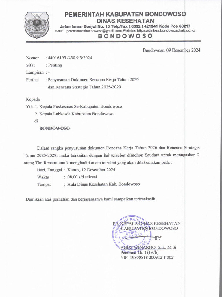 Undangan Penyusun Renja & Renstra Puskesmas - 12 Des 2024. | PDF