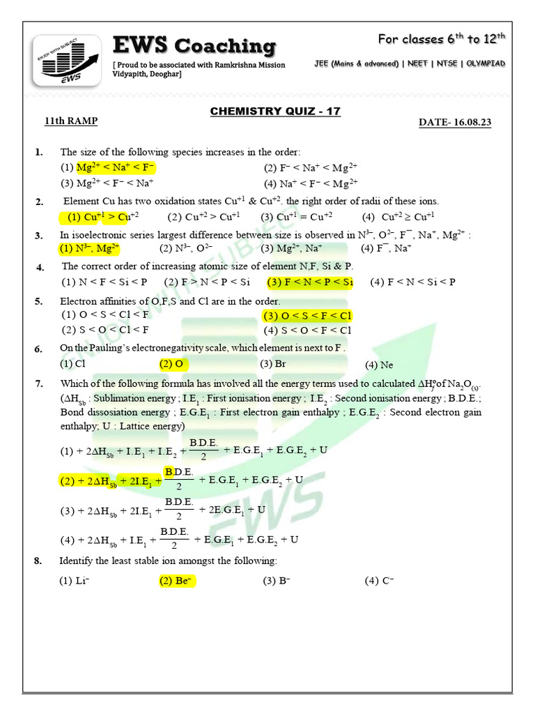 11 CHEMISTRY QUIZ - 17 Answerkey | PDF | Ionization | Chemical Polarity