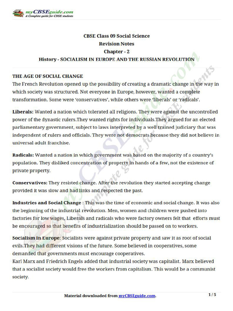 09 Social Science Key Notes History Ch2 Socialism in Europe and Russian ...