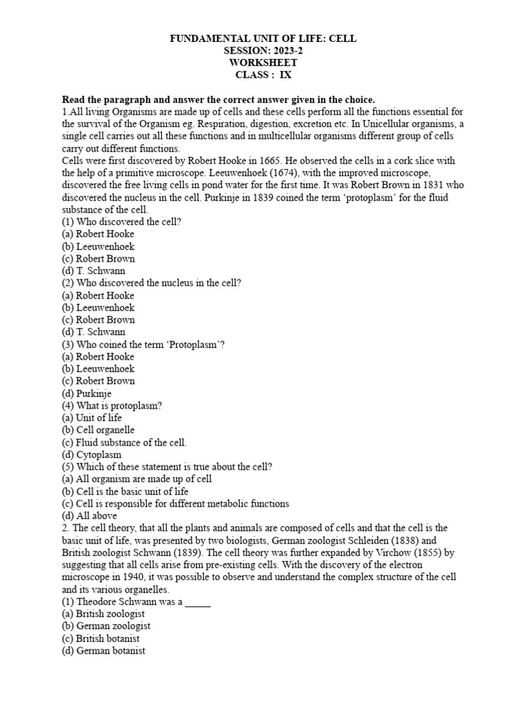 PRACTICE WORKSHEET Cell 23-24 | PDF | Cell (Biology) | Histology