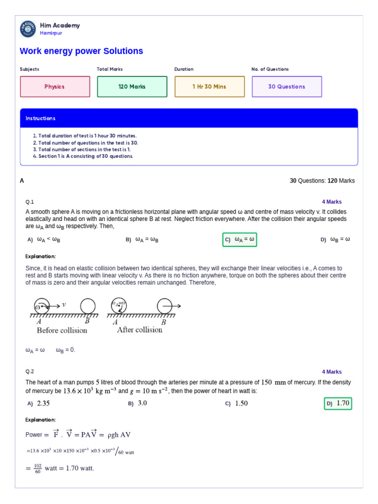 Physics Work Energy Power Test 120 Marks | PDF | Collision | Physical ...