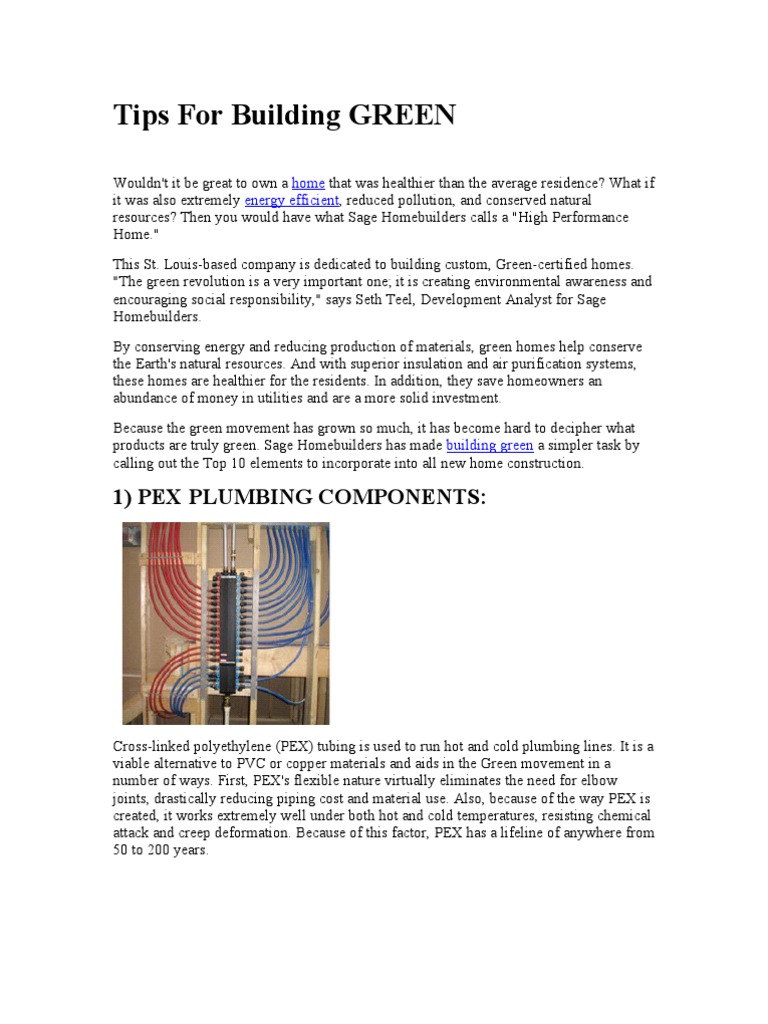 Tips For Building GREEN: 1) Pex Plumbing Components | PDF | Efficient ...