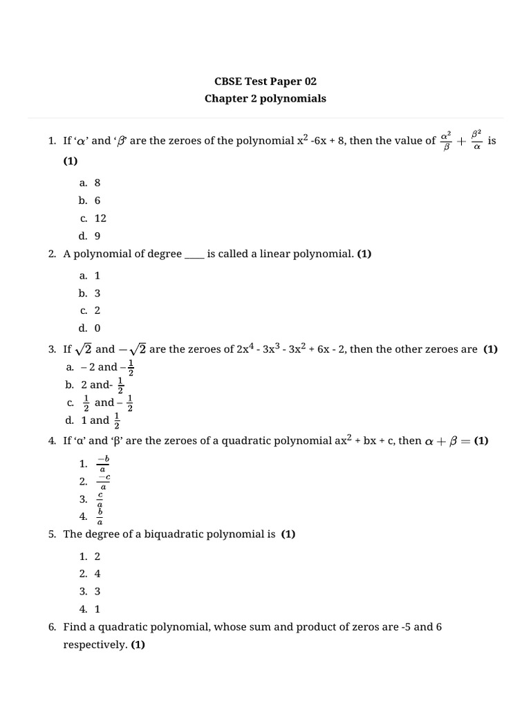 CBSE Polynomials Test Paper Solutions | PDF | Polynomial | Factorization