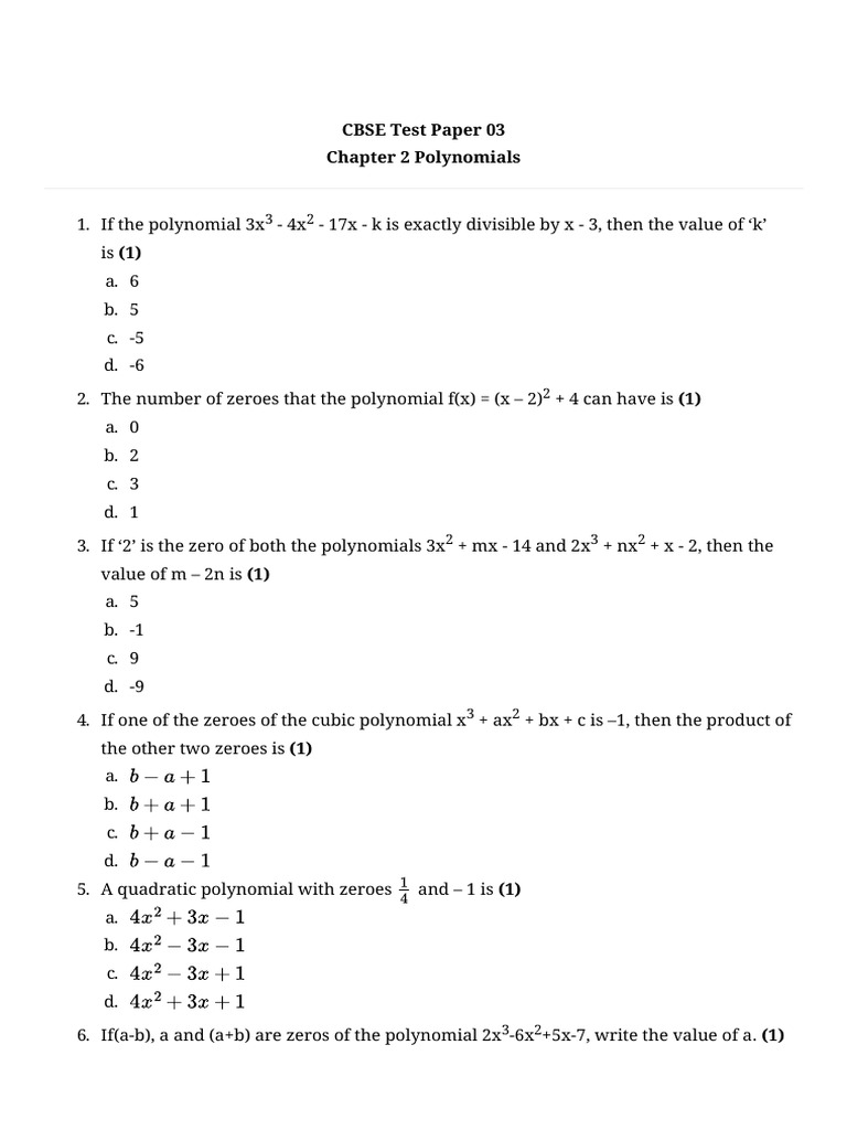 Chapter 02 Polynomials Test 03 | PDF | Polynomial | Zero Of A Function