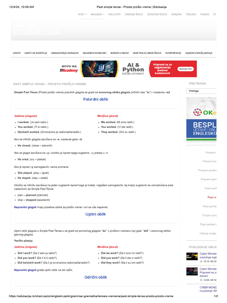 Past Simple Tense - Prosto Prošlo Vreme - Edukacija | PDF