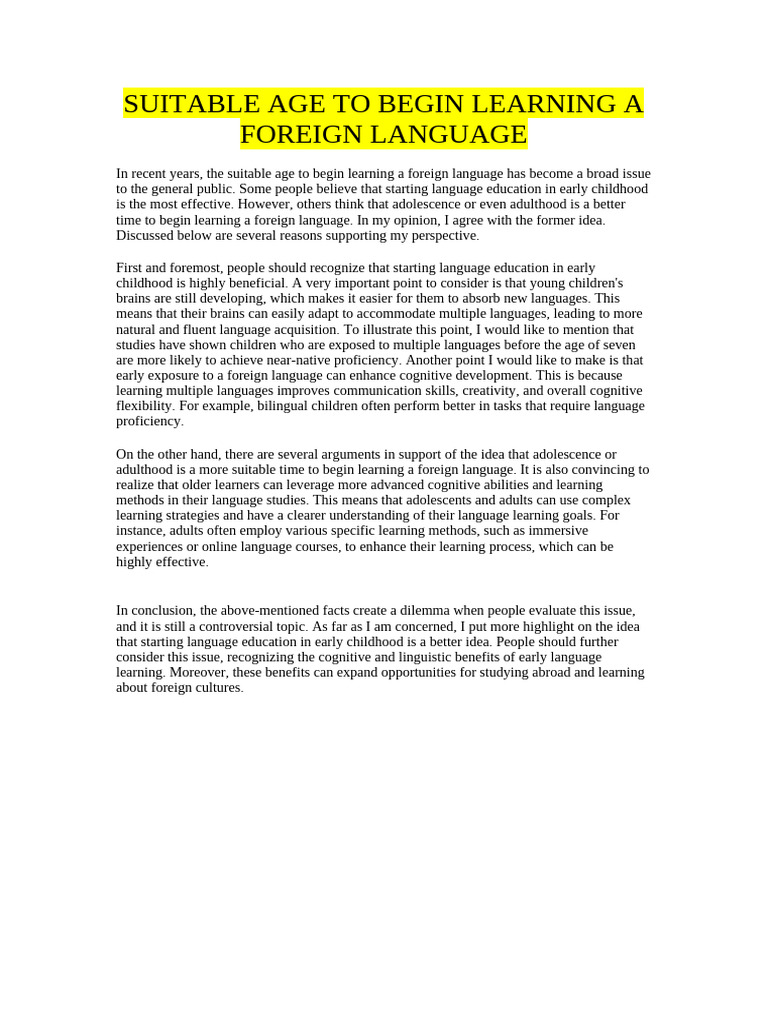 SUITABLE AGE TO BEGIN LEARNING A FOREIGN LANGUAGE | PDF | Foreign Language | Multilingualism