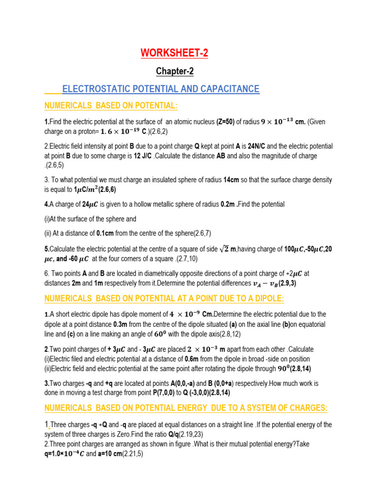 Electrostatics Potential and Capacitance (Worksheet-2) | PDF ...