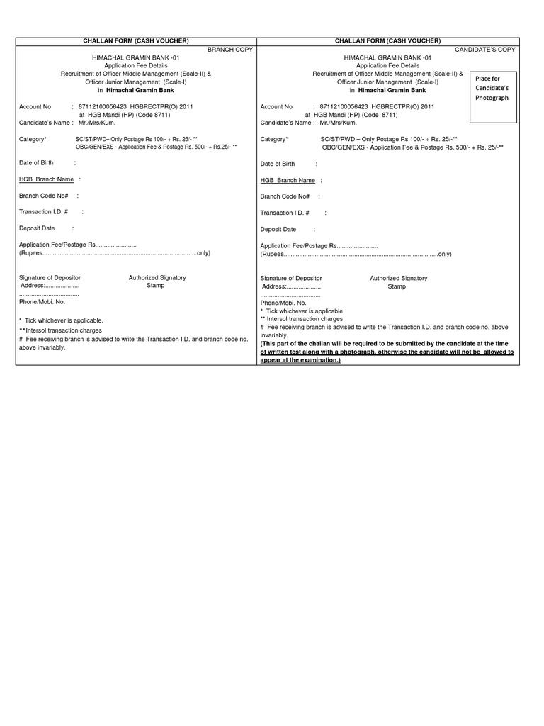 Himachal Gramin Bank Fee Challan | PDF | Rupee | Deposit Account