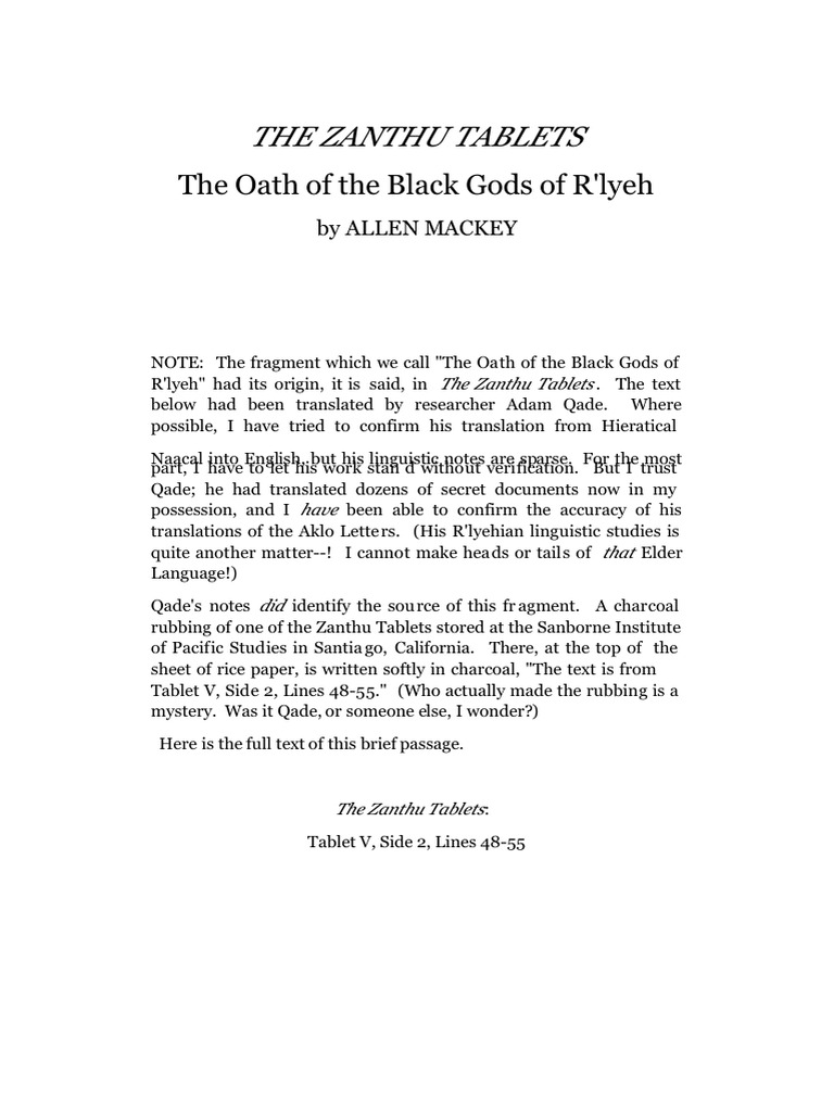 The Zanthu Tablets - The Oath of The Black Gods of R'Lyeh by Allen ...