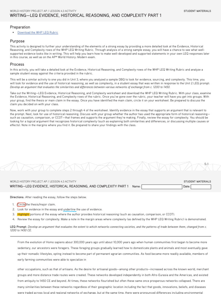 WHPAP 4312 Activity Writing LEQ Evidence Reasoning Complexity Part 1 ...