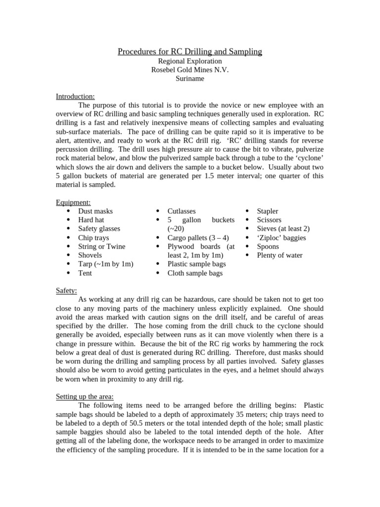 Procedures For RC Drilling and Sampling - TW2004 | PDF | Drilling
