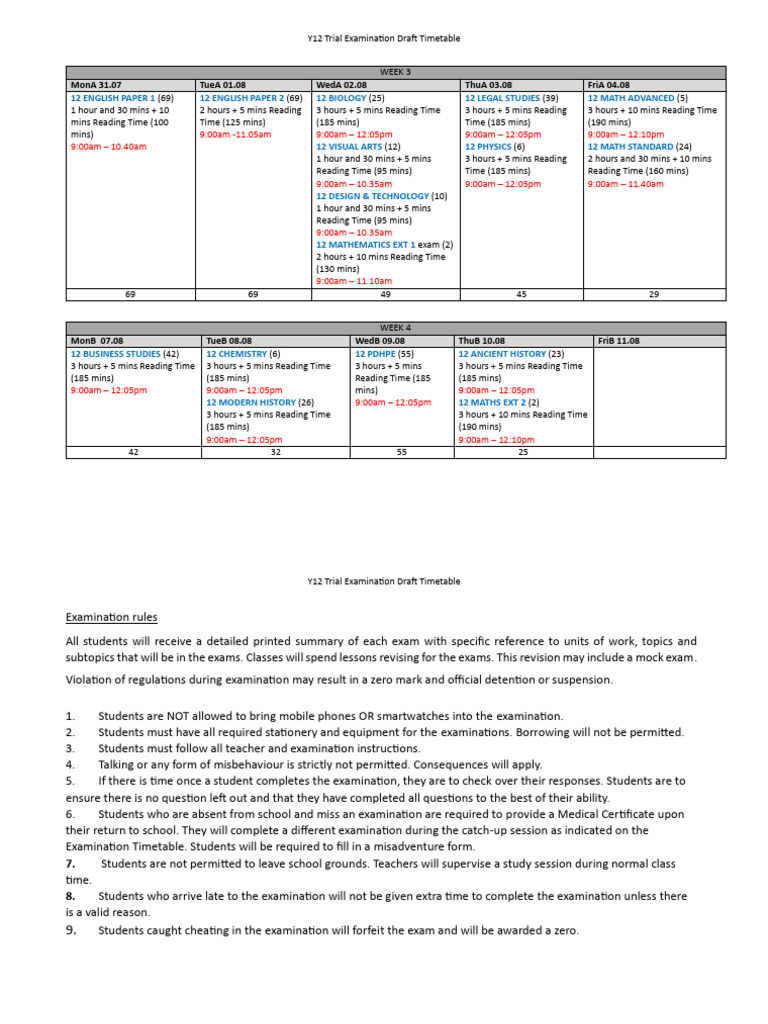 Y12 Trial Examination Timetable 2023 | PDF