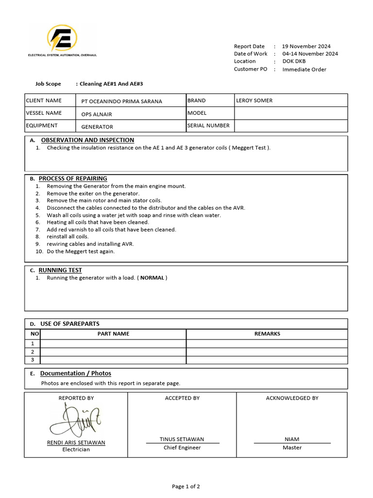 Generator Cleaning Service Report | PDF | Electric Power | Electrical ...