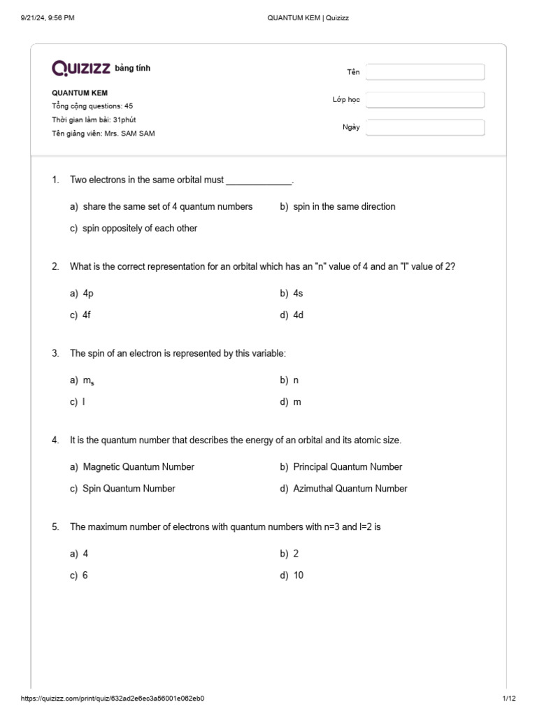 Quantum Mechanics Quiz Questions | PDF | Atomic Orbital | Energy Level