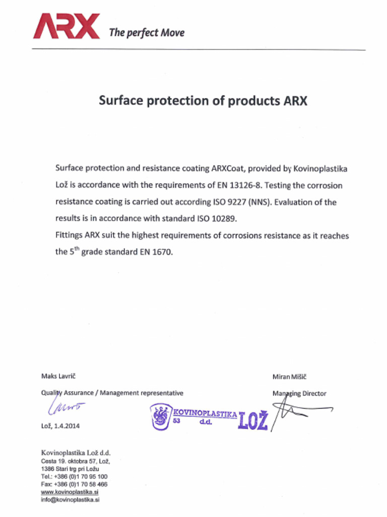 Površinska zaštita proizvoda od korozije ARX -sertifikati | PDF