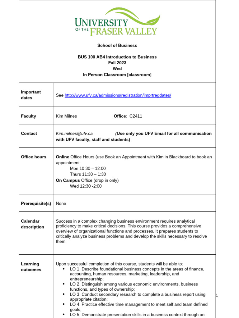 BUS 100 Syllabus - Fall 2023 | PDF | Quiz | Business