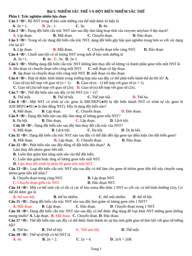 Trac Nghiem Bai 5 - Nhiem Sac The Va Dot Bien Nhiem Sac The 6 1 | PDF