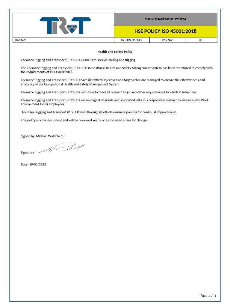 ISO 45001:2018 Health & Safety Policy | PDF