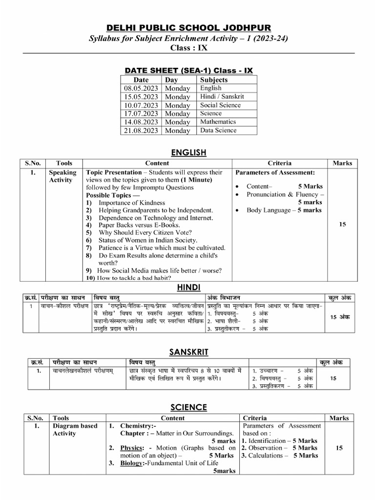 Syllbus For SEA-1 (Class IX) 2023-24 | PDF
