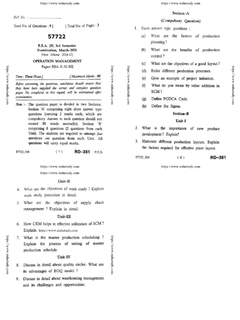 Bba 3 Sem Operation Management 57722 Mar 2021 | PDF