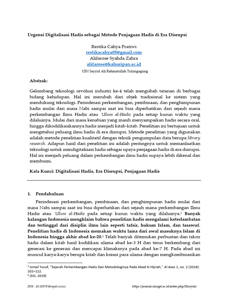 Urgensi Digitalisasi Hadis Sebagai Metod | PDF