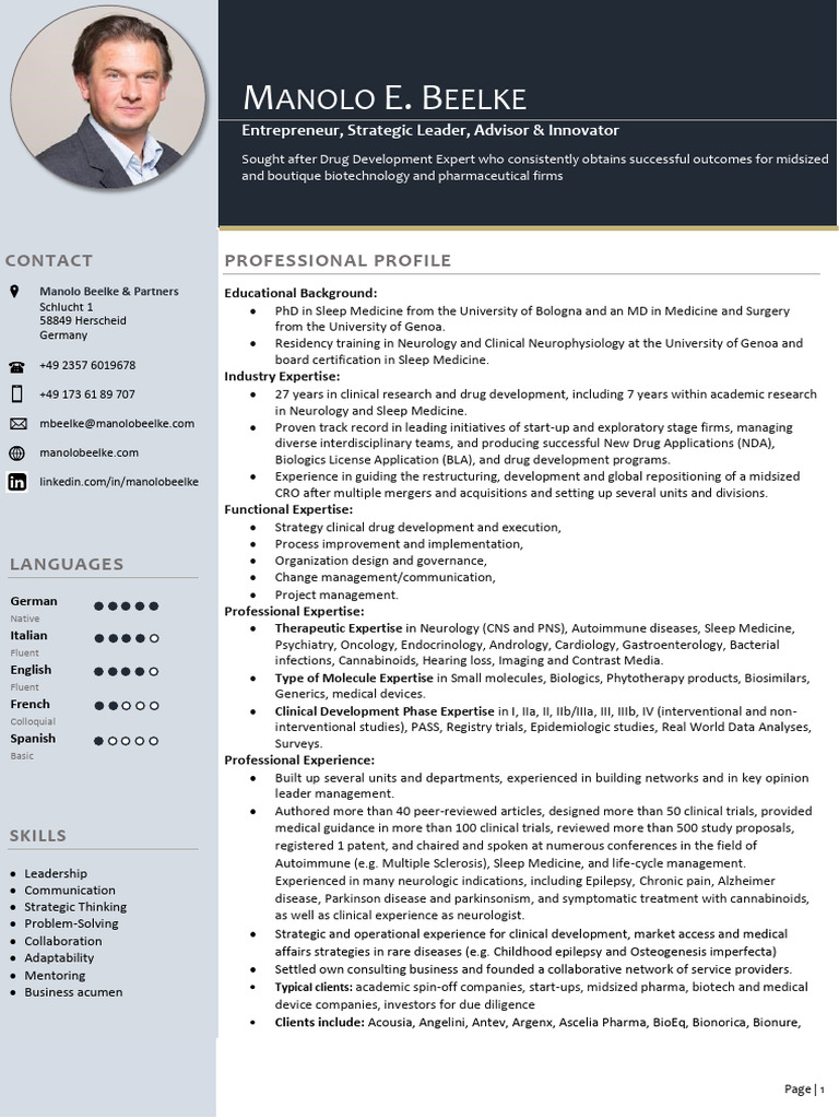 Curriculum Vitae Manolo Beelke - EN | PDF | Neurology | Clinical Trial