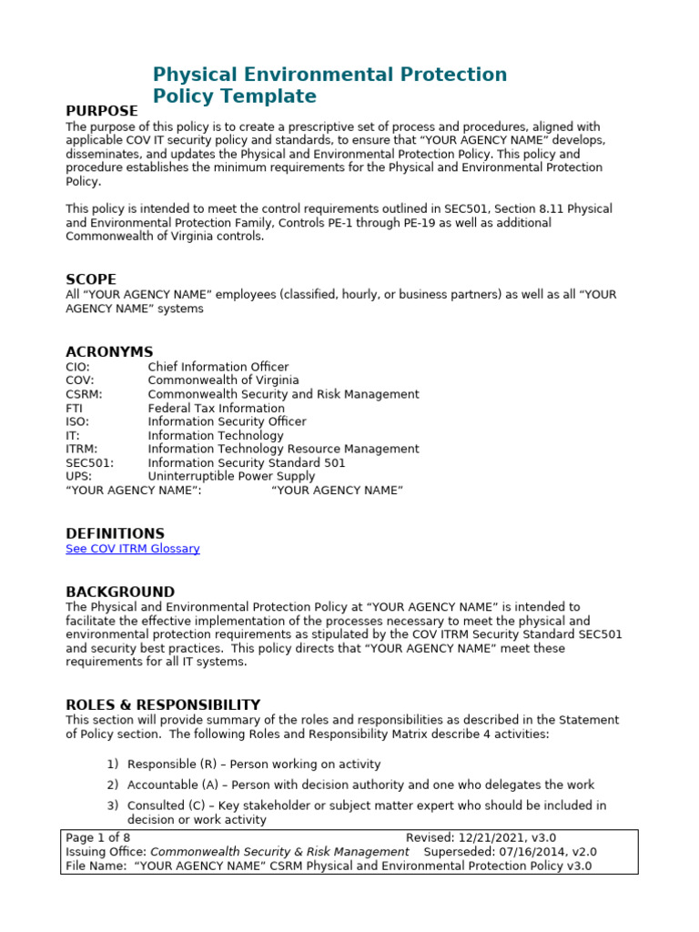 VITA-AGENCY-TEMPLATE-PhysicalEnvironmentalProtectionPolicy | PDF | Access Control | Physical ...